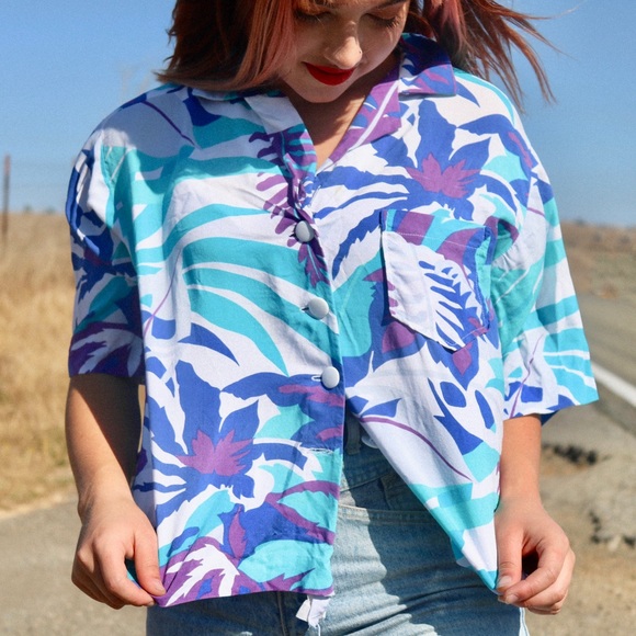 Tops | Vintage 8s Blue Tropical Printed Button Up | Poshmark
